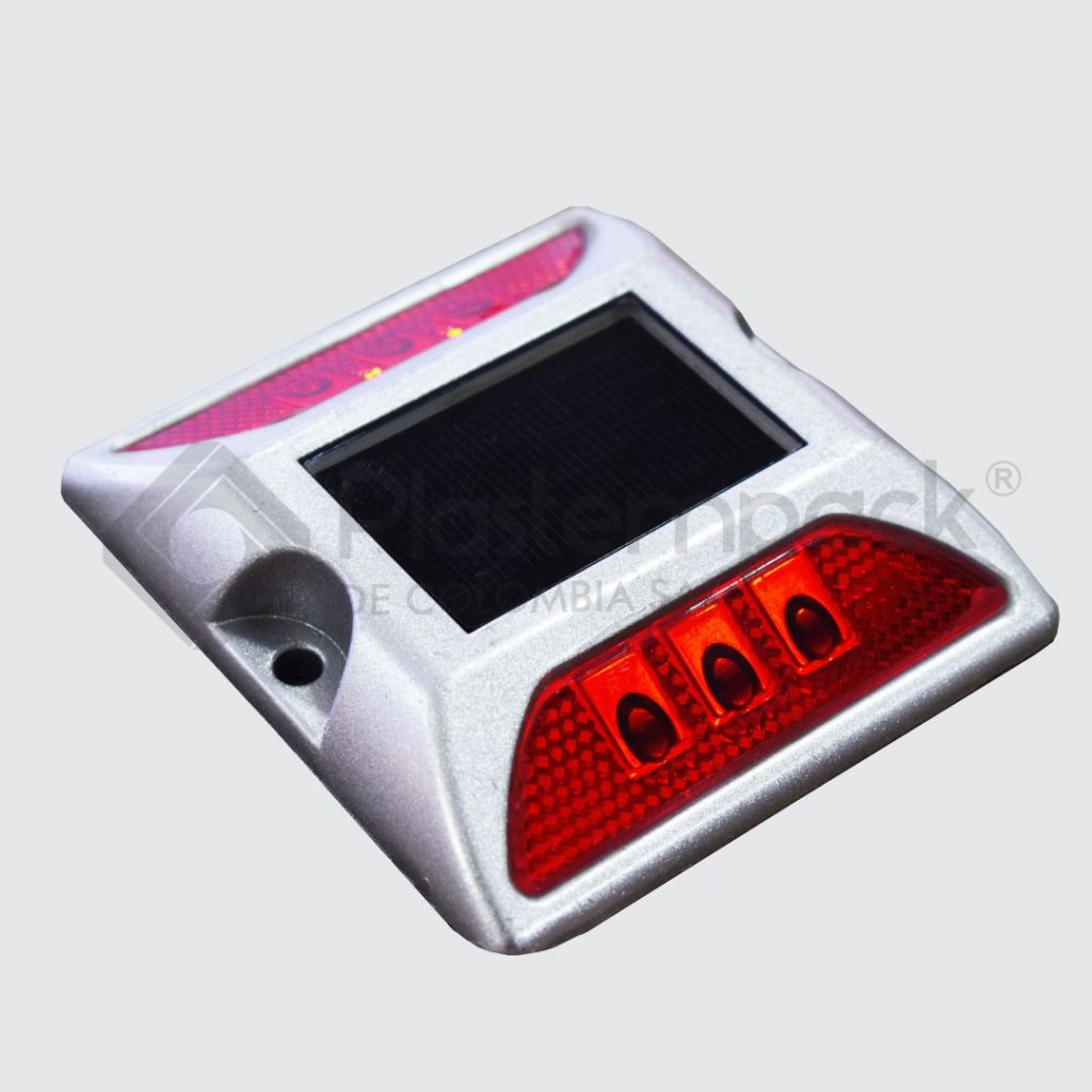 Tacha Solar Roja En Aluminio Con 6 Leds